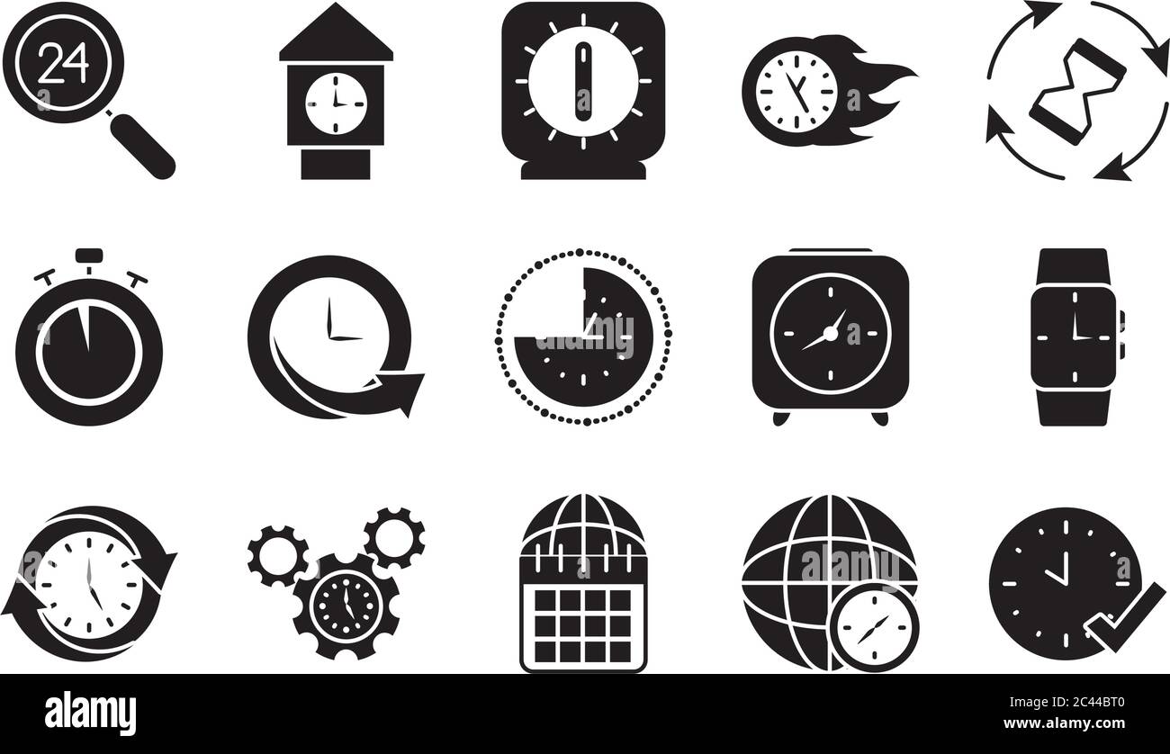 global sphere and time icon set over white background, silhouette style ...