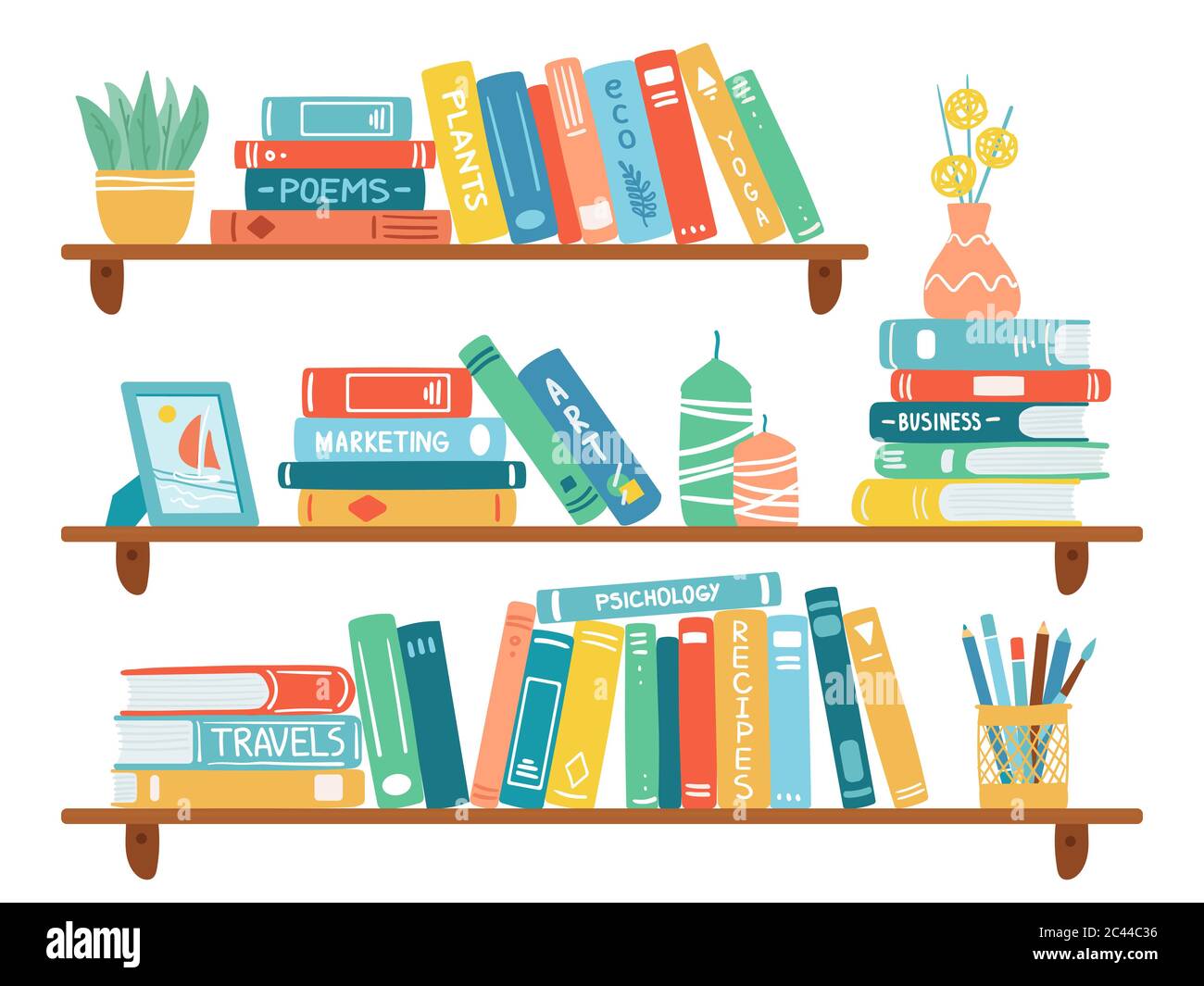 Interior bookshelves. Books at bookshelf, textbooks pile, school ...