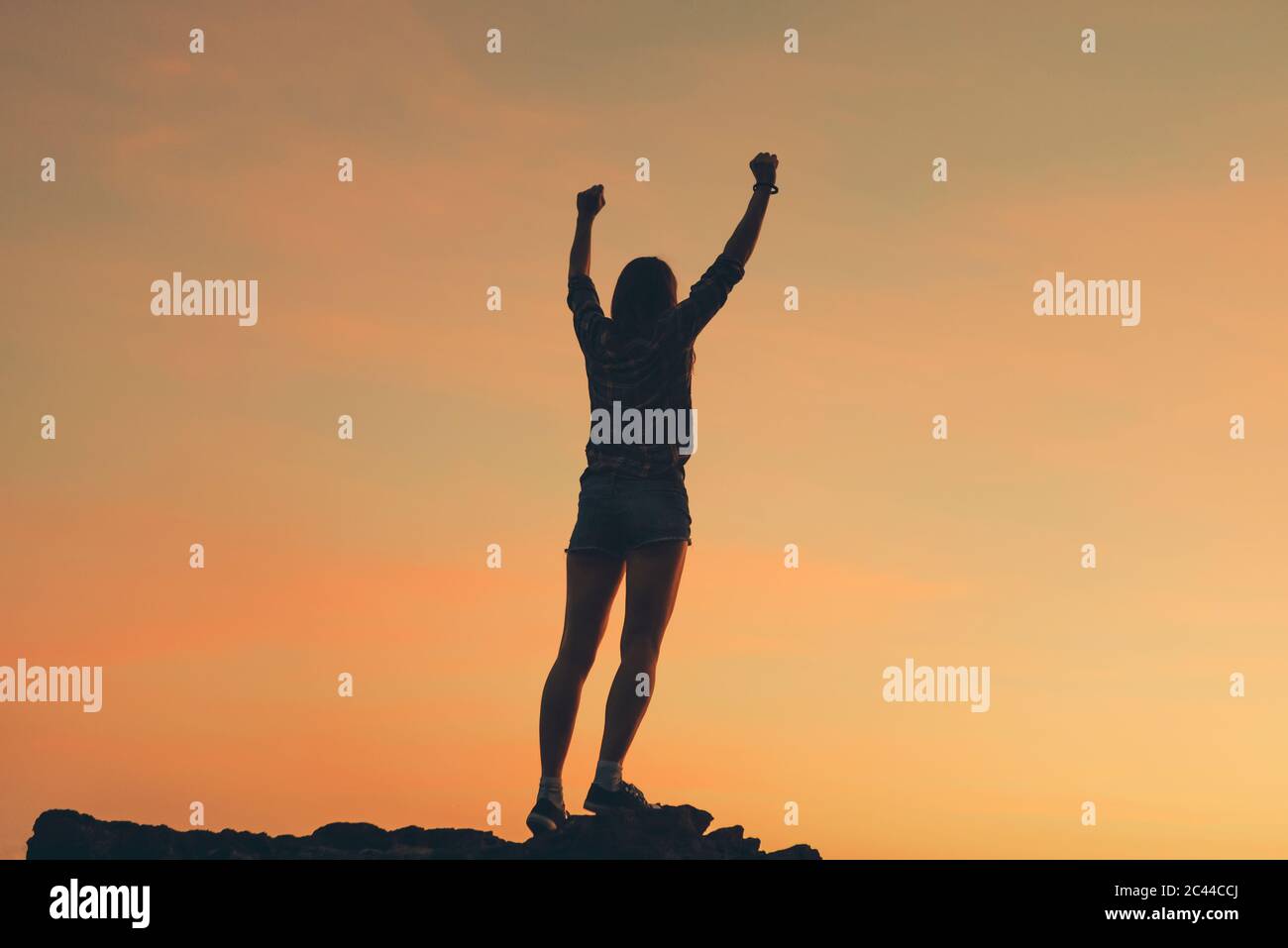 Silhouette of person with raised arms hi-res stock photography and ...