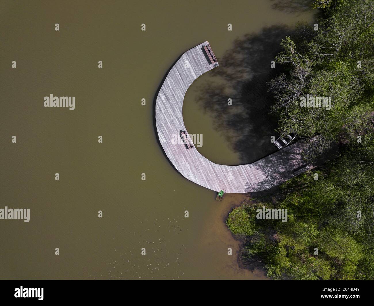 Russia, Moscow Oblast, Aerial view of curved jetty on shore of Lake ...