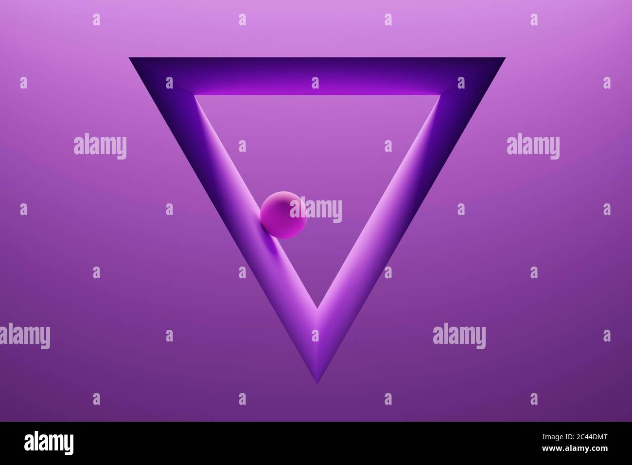 Three dimensional render of small sphere inside triangle shaped frame ...