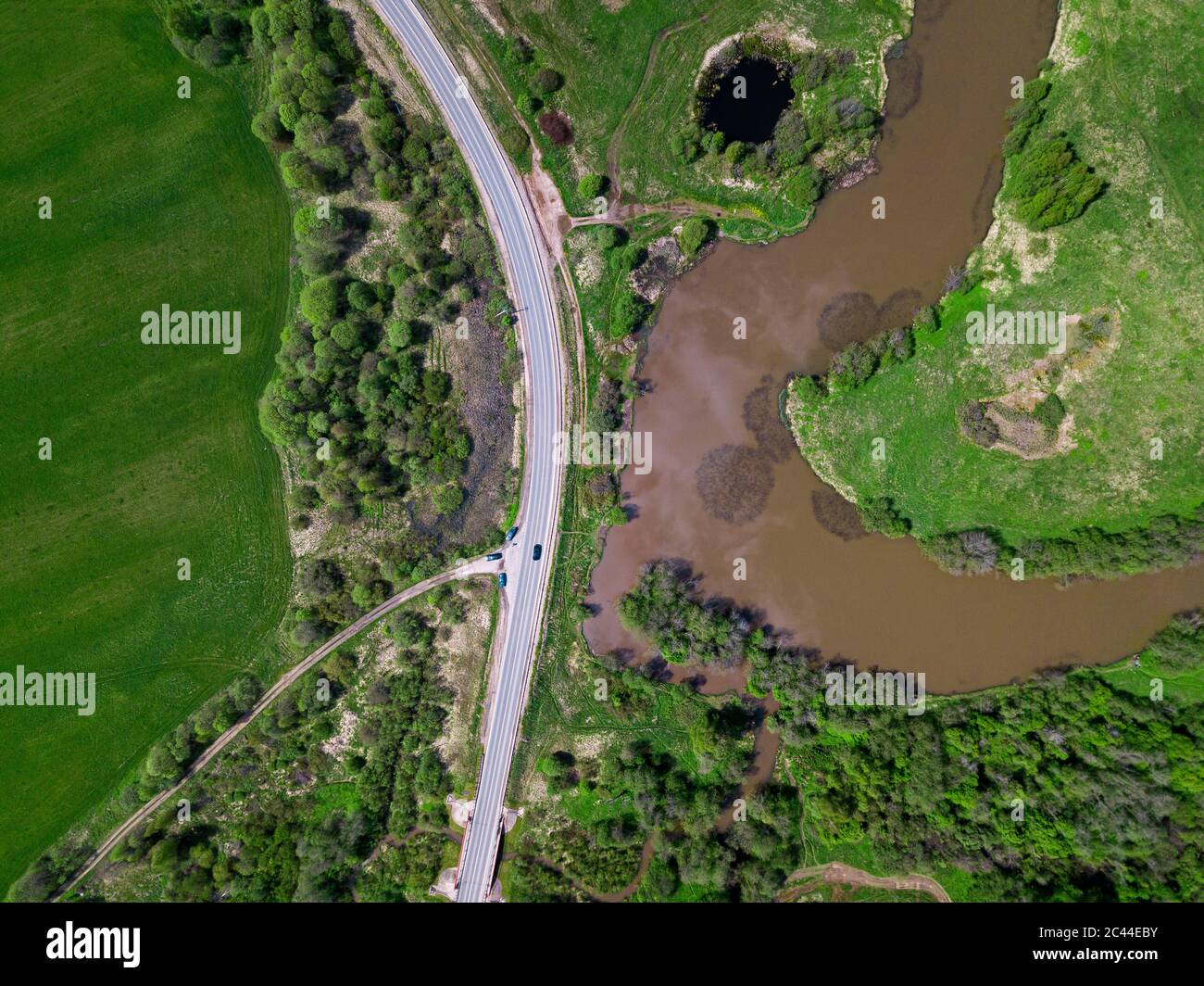 Aerial view highway stretching along dubna river spring hi-res stock ...
