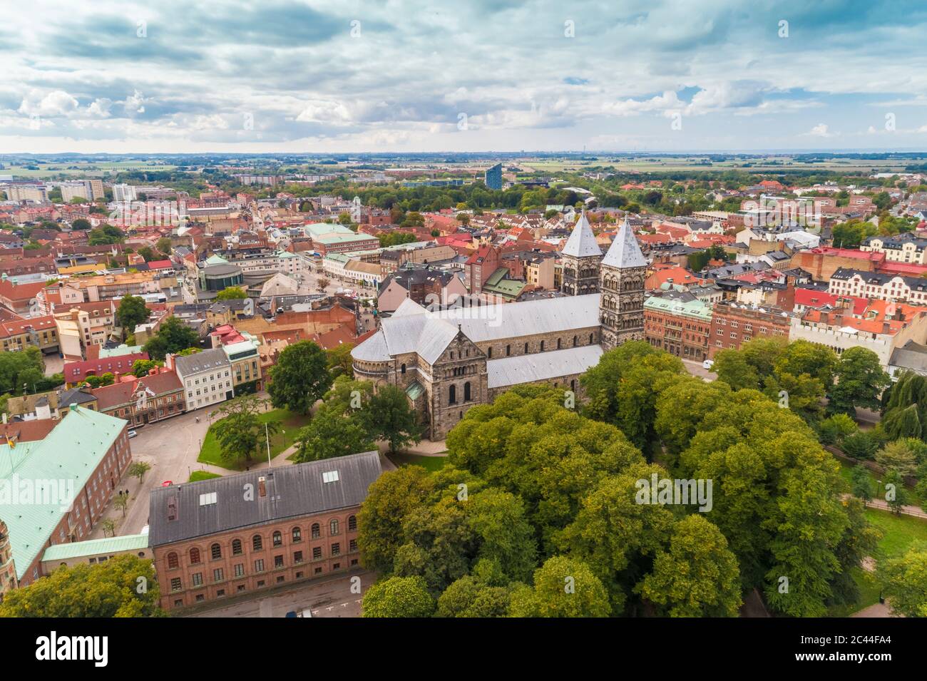Sweden, Scania, Lund, Aerial view of Lund Cathedral and adjacent park ...