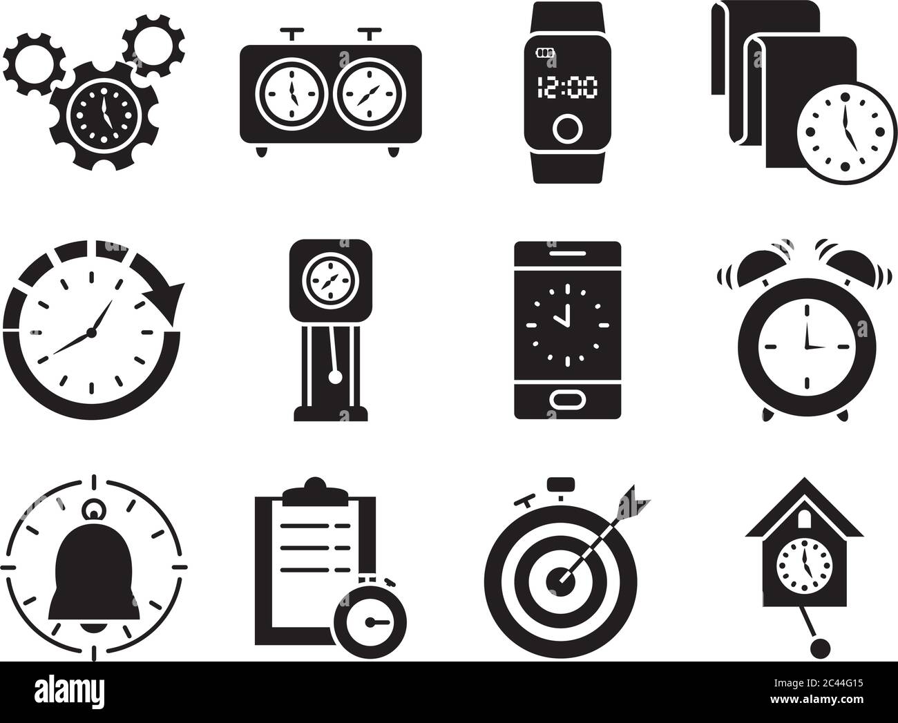chess clocks and clock icon set over white background, silhouette style ...