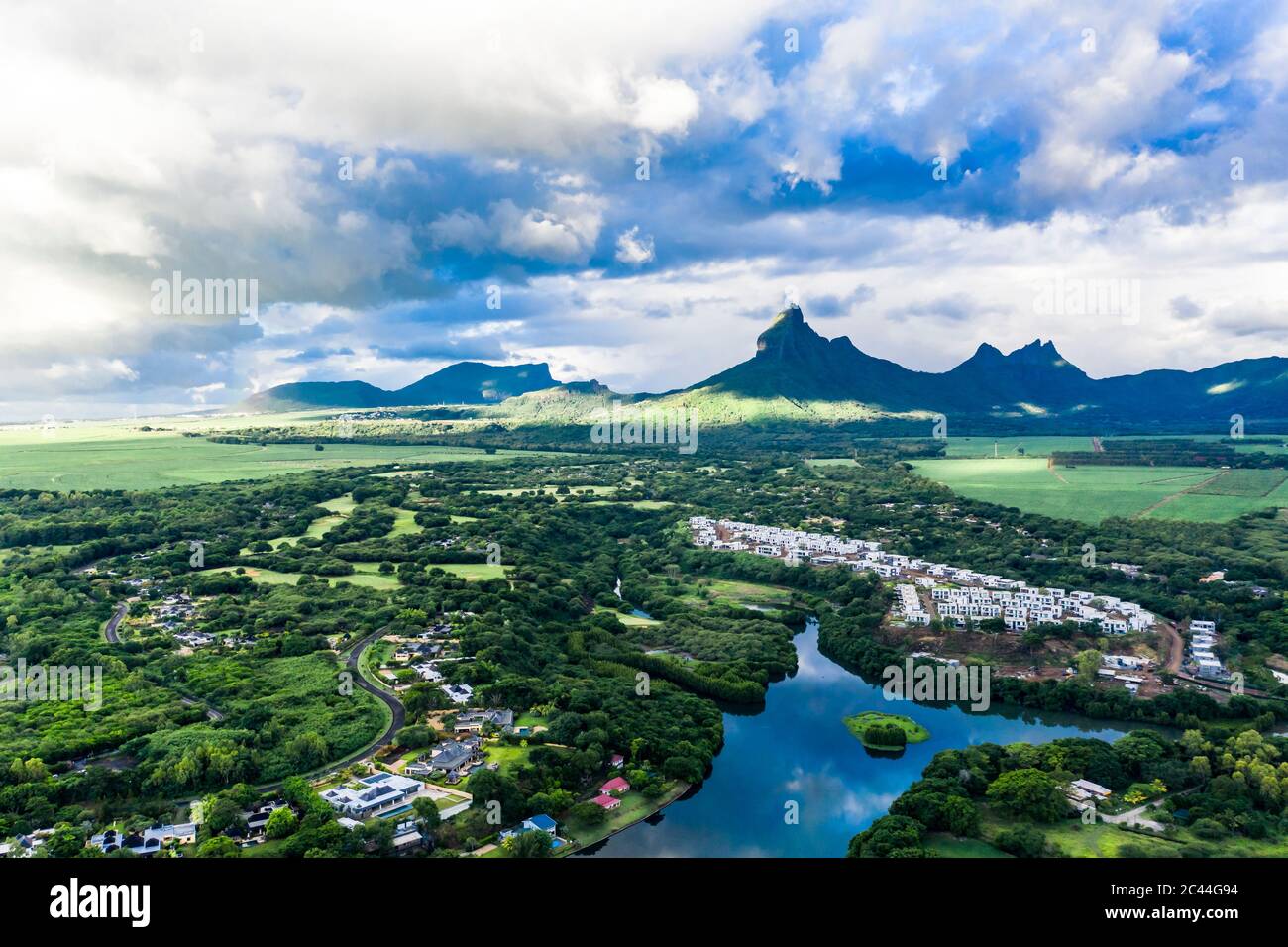 Mauritius, Black River, Flic-en-Flac, Helicopter view of oceanside ...