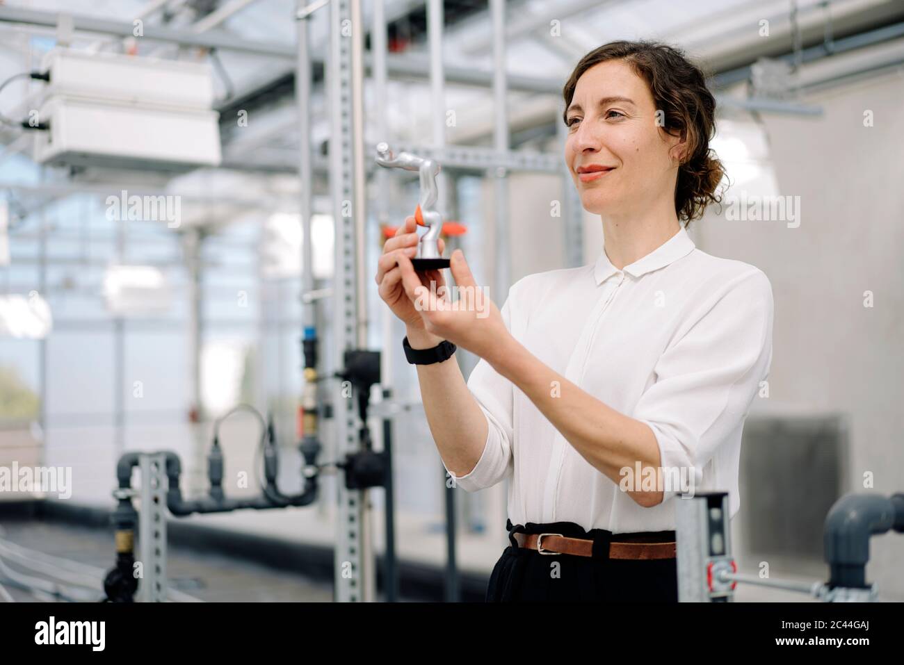 Smiling businesswoman holding model Stock Photo - Alamy