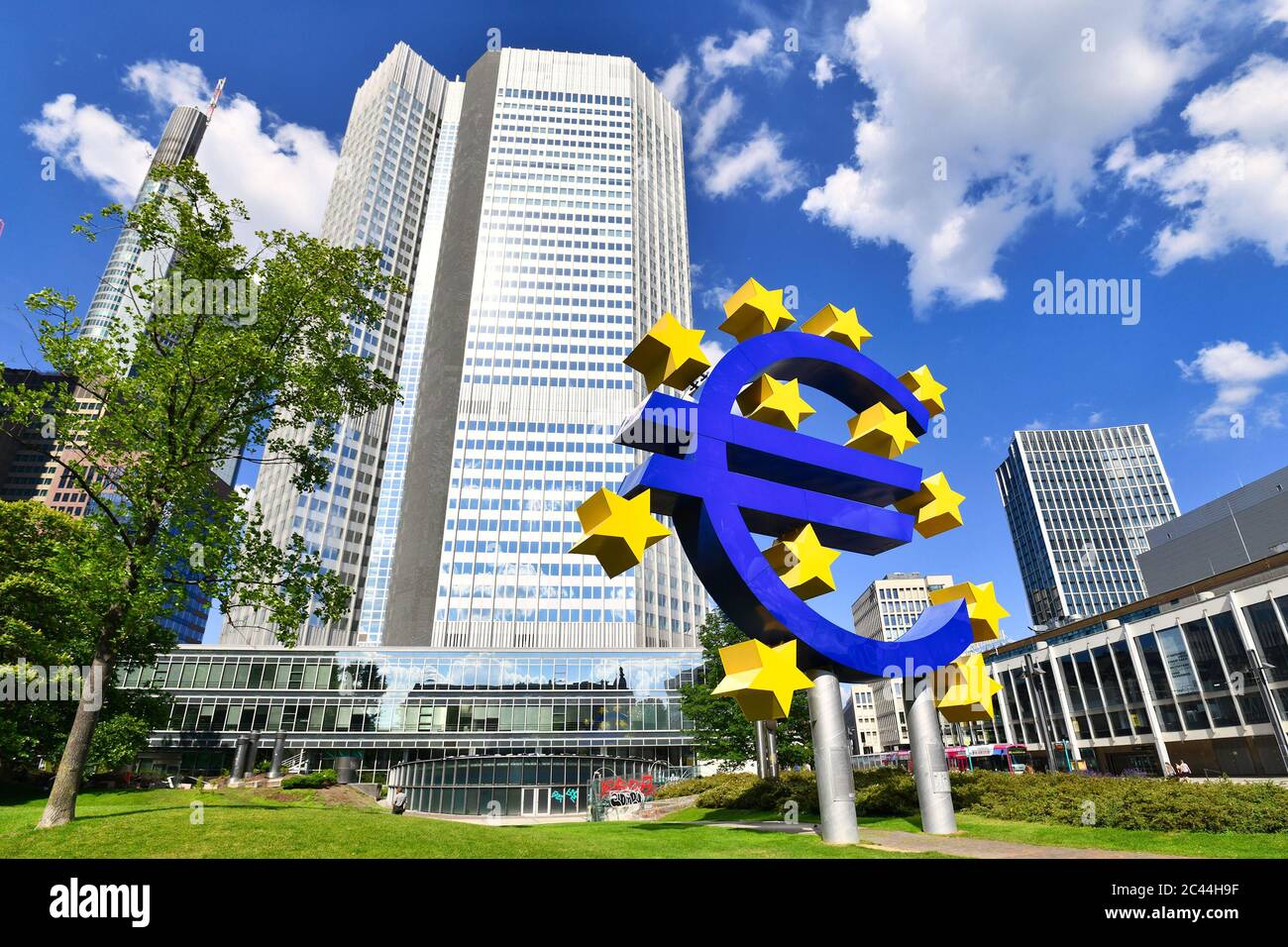 Euro sign at European Central Bank headquarters skyscraper in modern ...