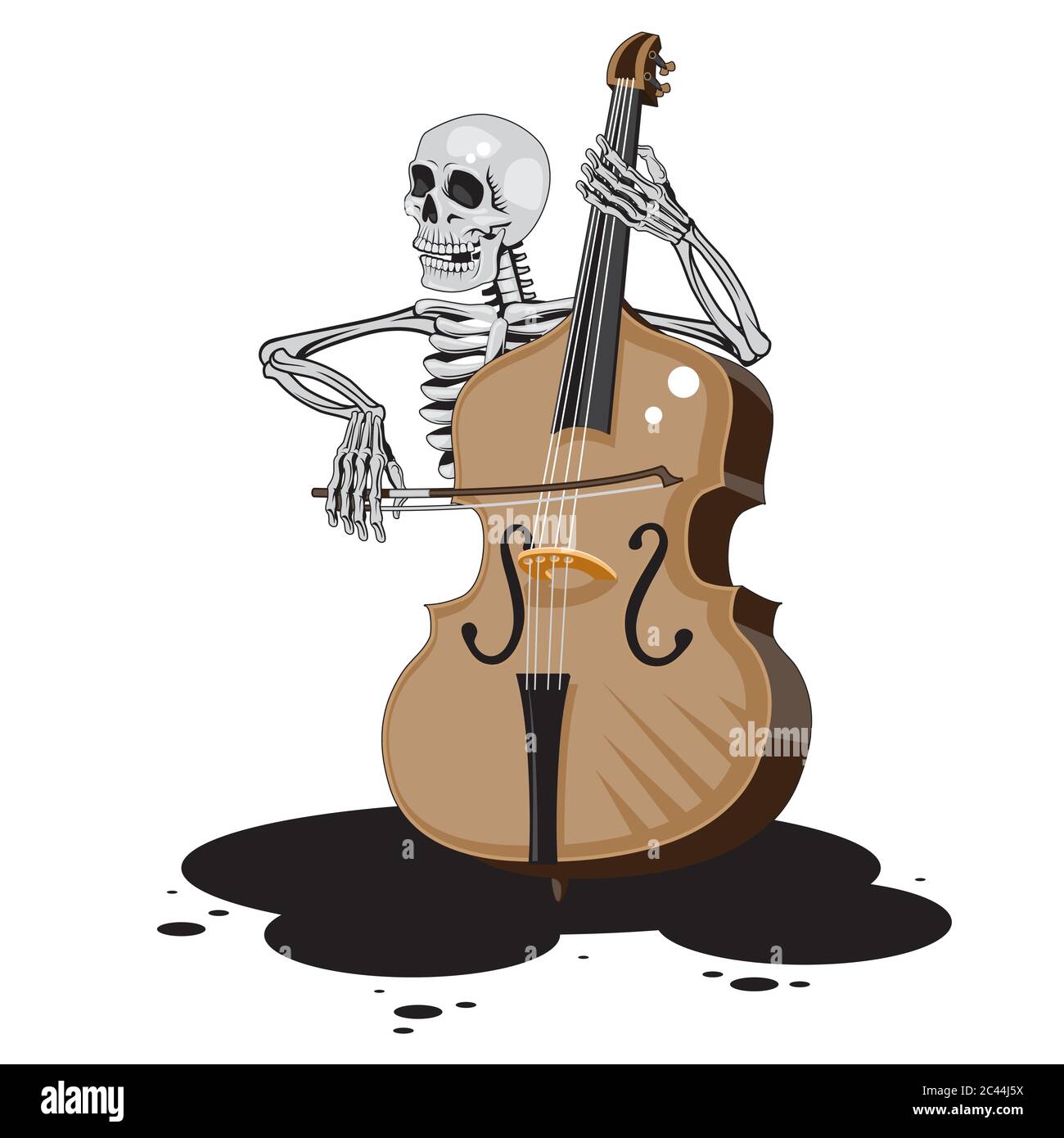 The character skeleton plays the double bass on a white isolated ...