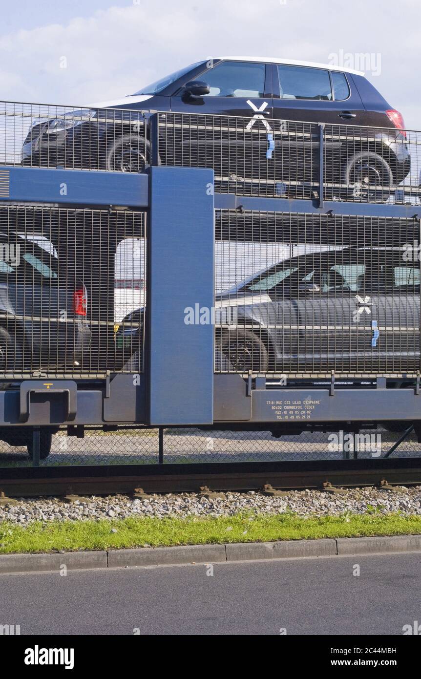 Cars on a train, Duesseldorf, Germany Stock Photo - Alamy