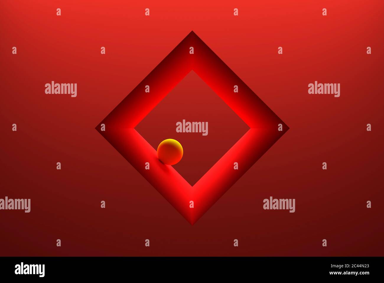 Three dimensional render of small sphere inside square shaped frame ...