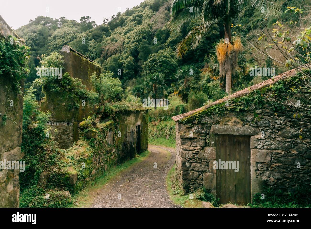 Path with abandoned stone houses on Sao Miguel Island, Azores, Portugal ...