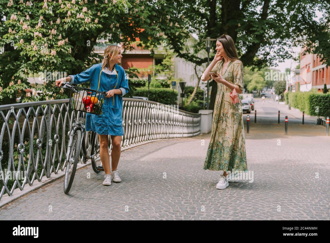 Two women with bicycle and face mask walking on a bridge Stock Photo ...