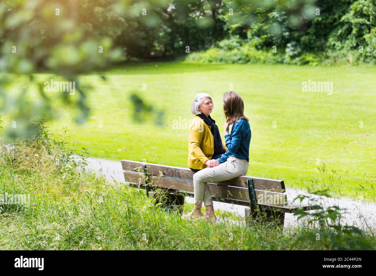 Senior Woman And Adult Daughter Sitting On Backrest Of Park Bench