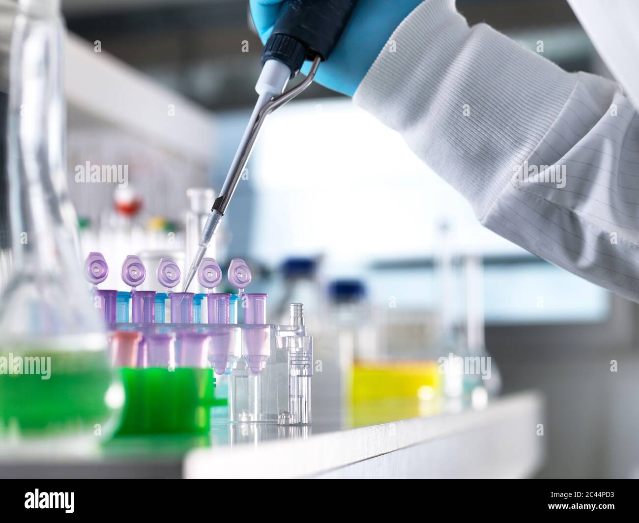 Cropped hand of male scientist pipetting DNA samples into vials for ...