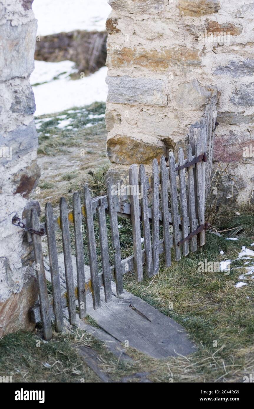 Wooden fence and stone wall, Schnalstal, South Tyrol, Italy Stock Photo ...