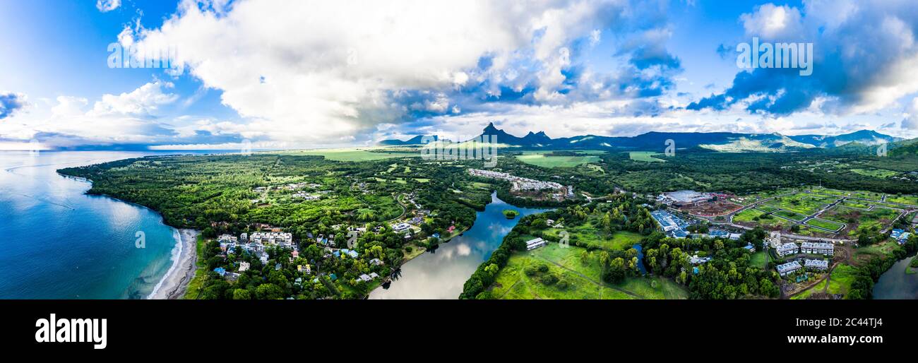 Mauritius, Black River, Flic-en-Flac, Helicopter panorama of oceanside ...