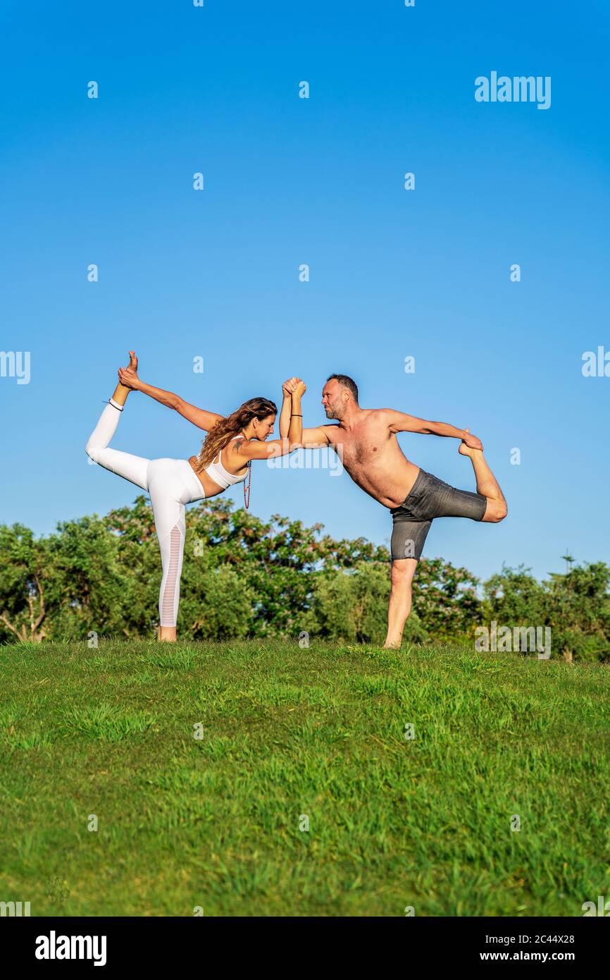 Mature couple doing yoga on lawn in sunshine together Stock Photo - Alamy
