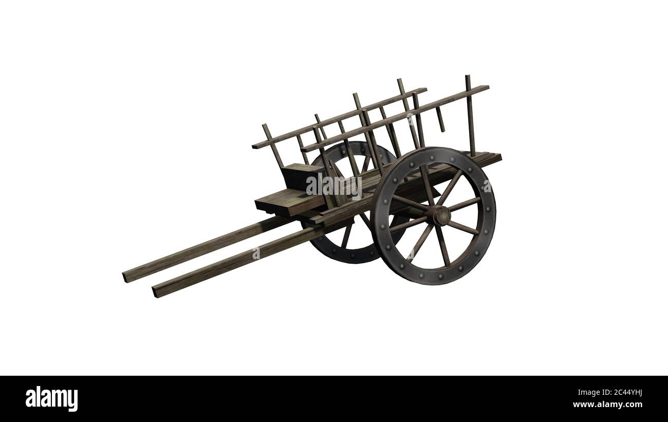 little ancient wooden medieval cart - isolated on white background ...