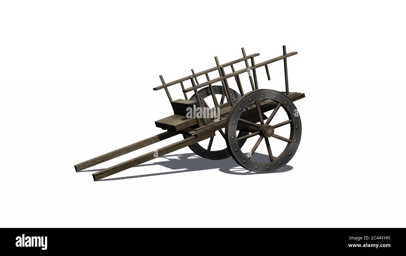 little ancient wooden medieval cart - isolated on white background ...