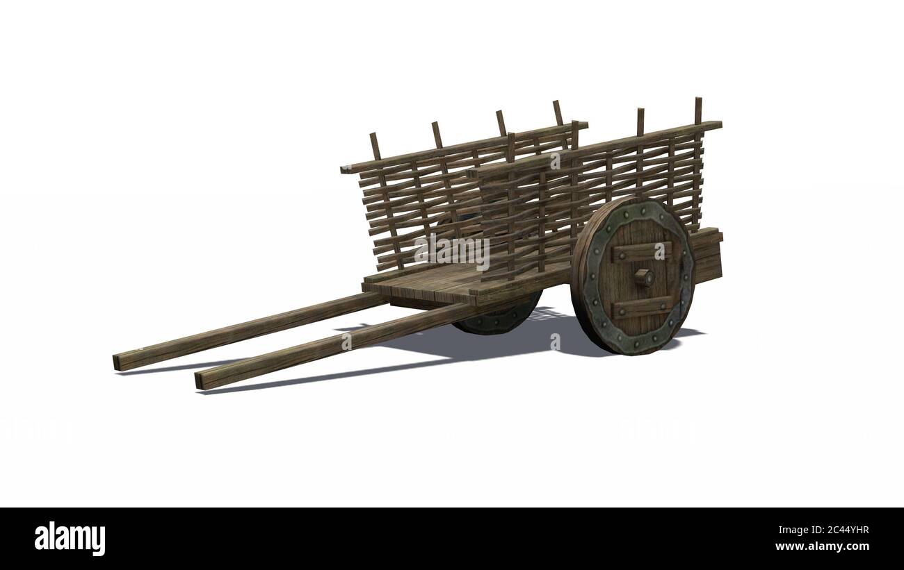 little ancient wooden medieval cart - isolated on white background ...