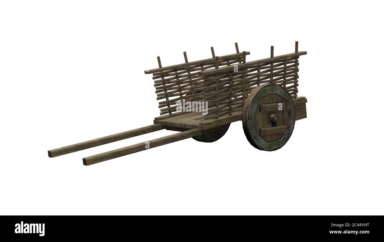 little ancient wooden medieval cart - isolated on white background ...