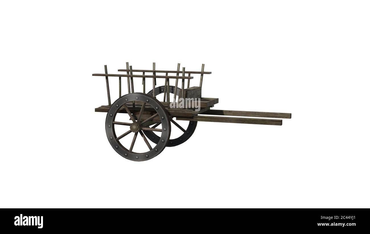 little ancient wooden medieval cart - isolated on white background ...