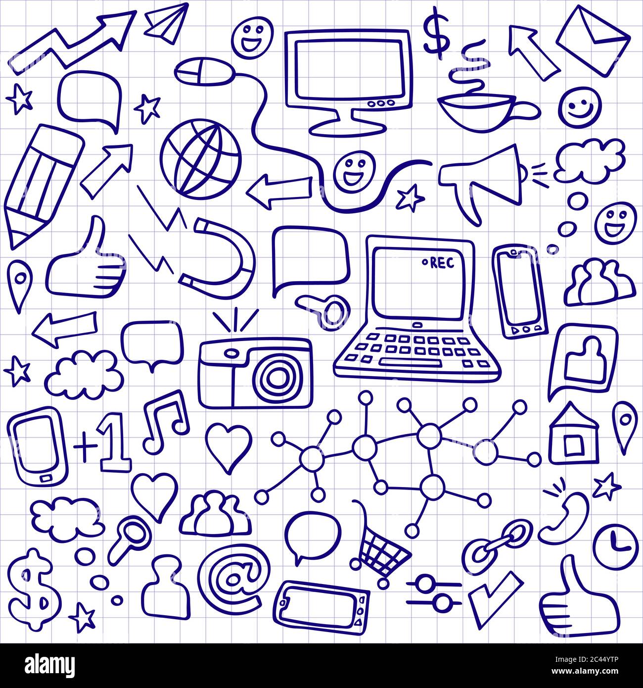 Social media ballpoint doodles set. Computer technology hand drawn ...