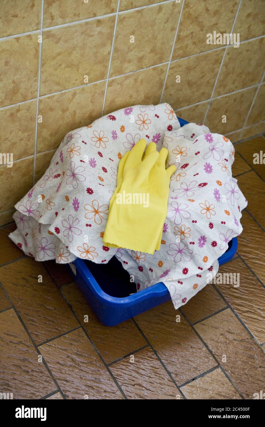 Cleaning rags, gloves and buckets Stock Photo - Alamy