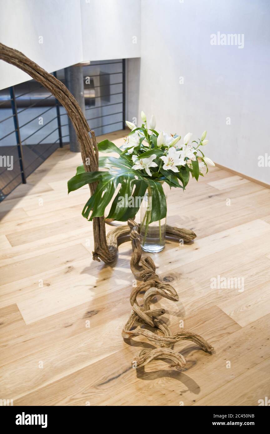 Wooden floor, root and flowers Stock Photo - Alamy