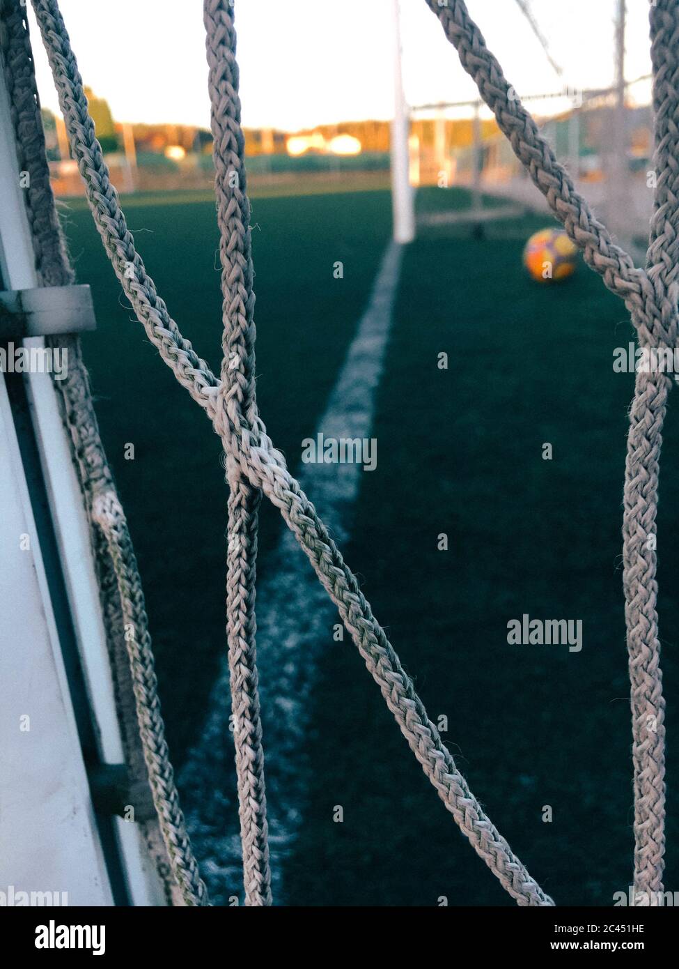 Vertical closeup shot of a football field with a net on the foreground ...