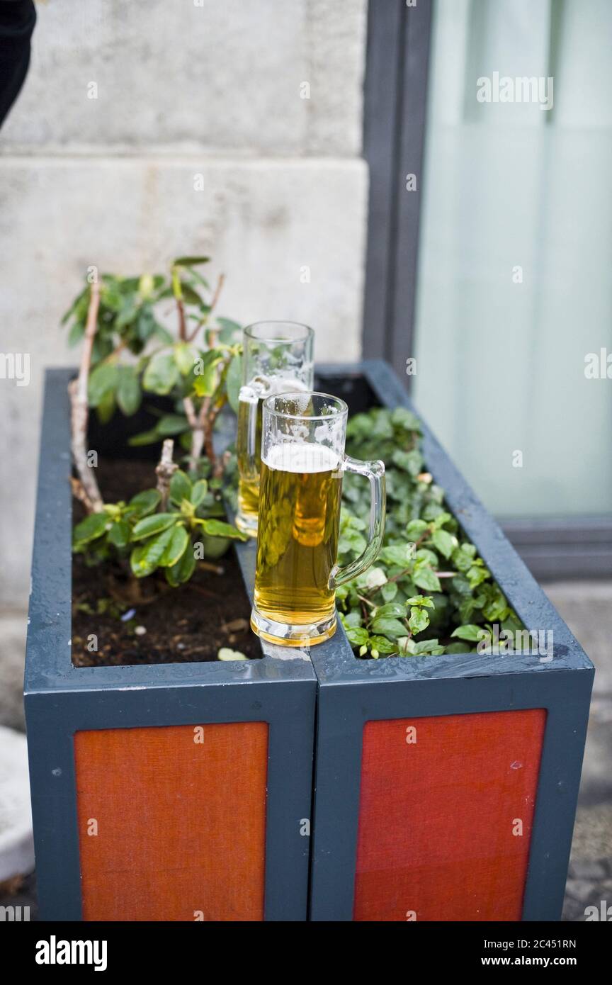 Beer mugs on window boxes Stock Photo - Alamy