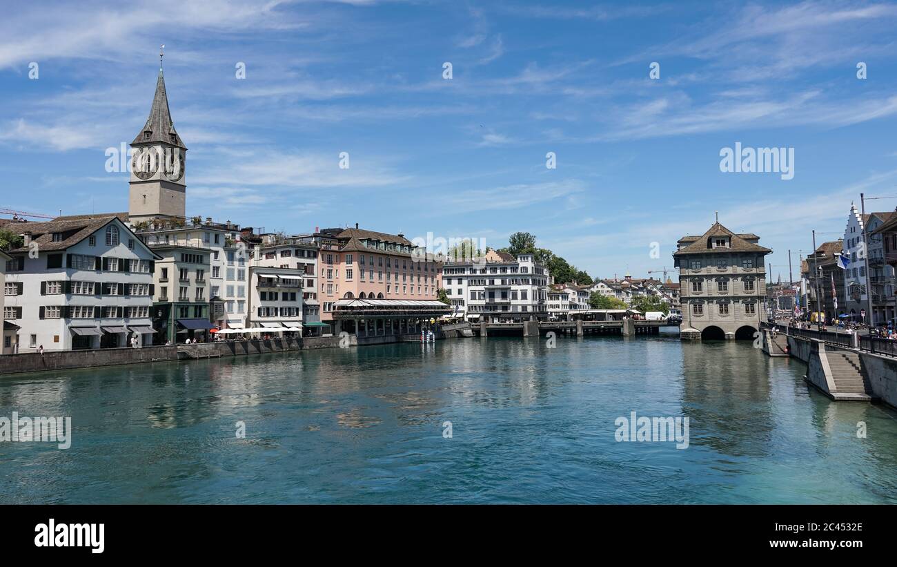 ZURICH, SWITZERLAND : View of historic Zurich city center, Limmat river ...