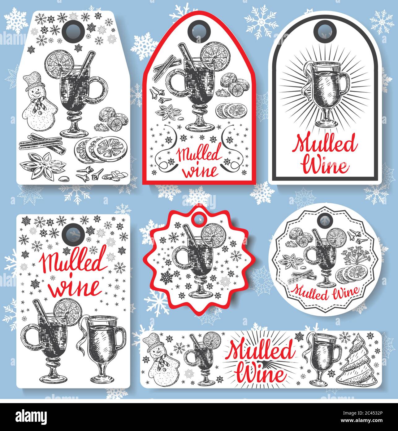Hand drawn mulled wine vector gift tags set. Black and white sketch ...