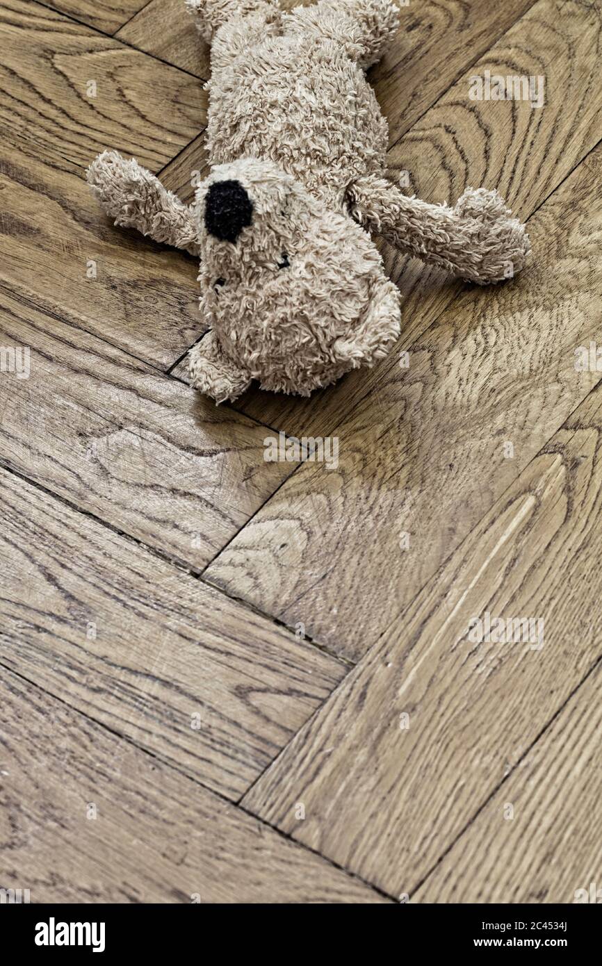 Teddy bear on wooden floor Stock Photo - Alamy
