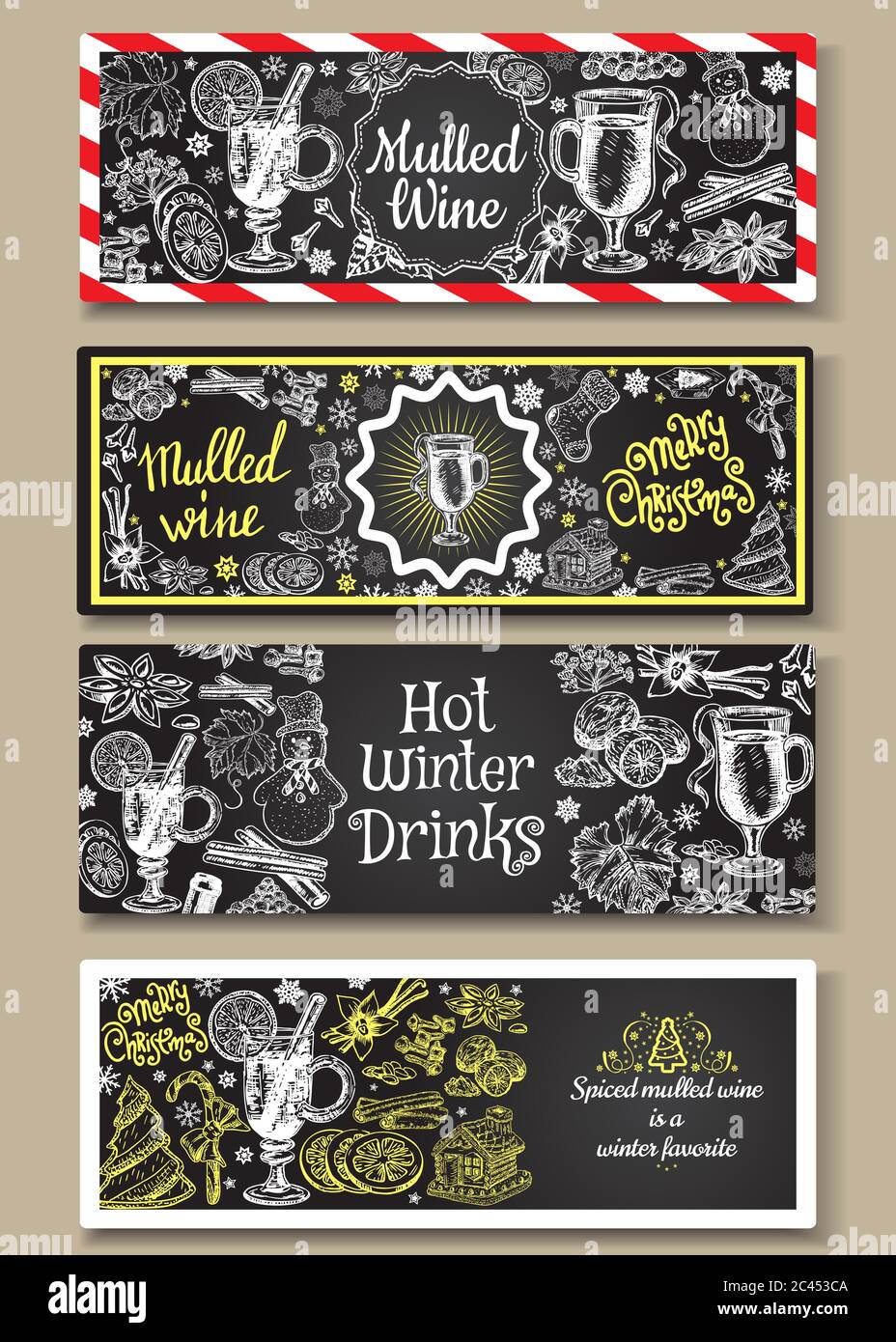 Hand drawn mulled wine vector banners set. Black and white sketch ...