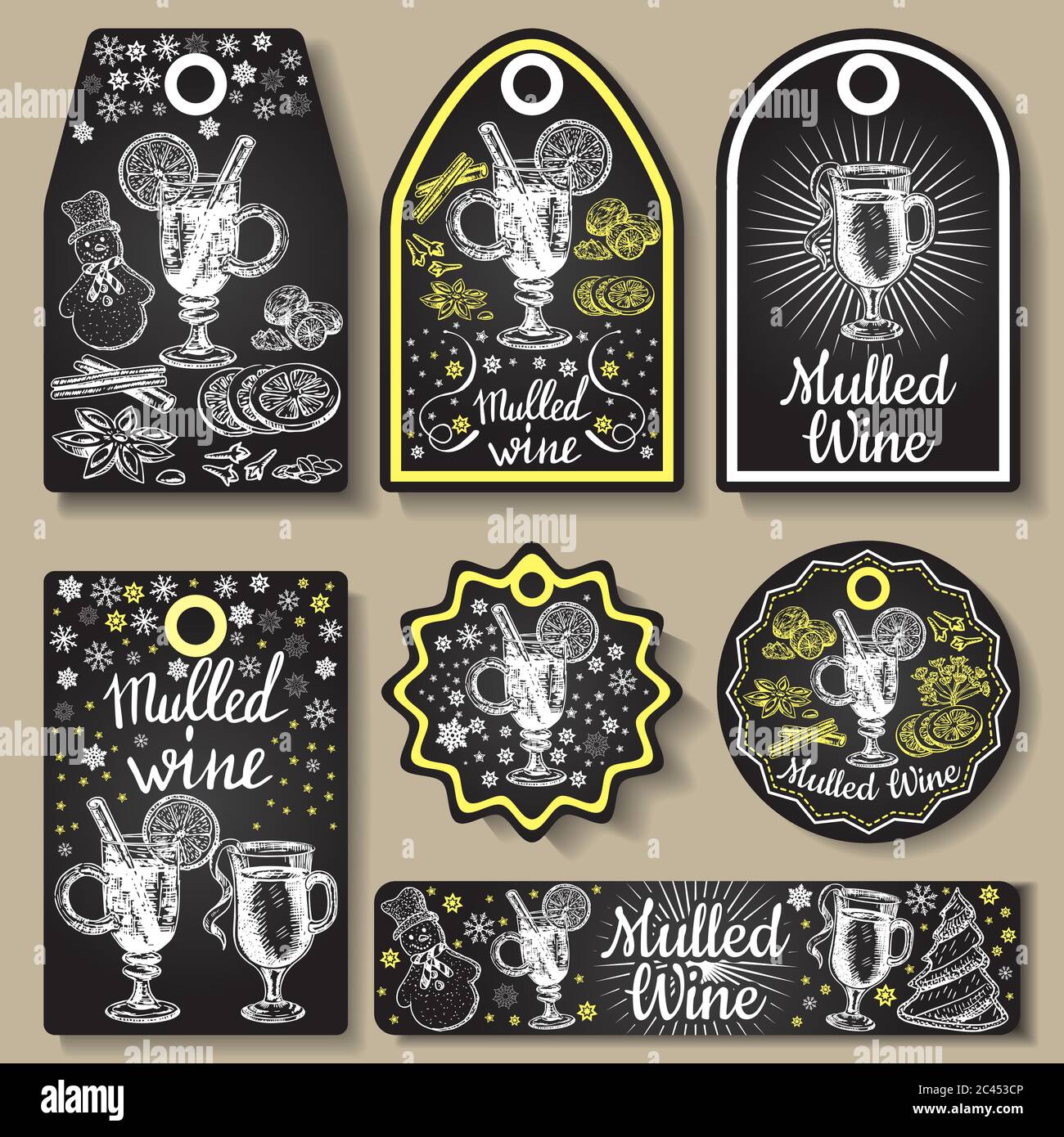 Hand drawn mulled wine vector gift tags set. Black and white sketch ...