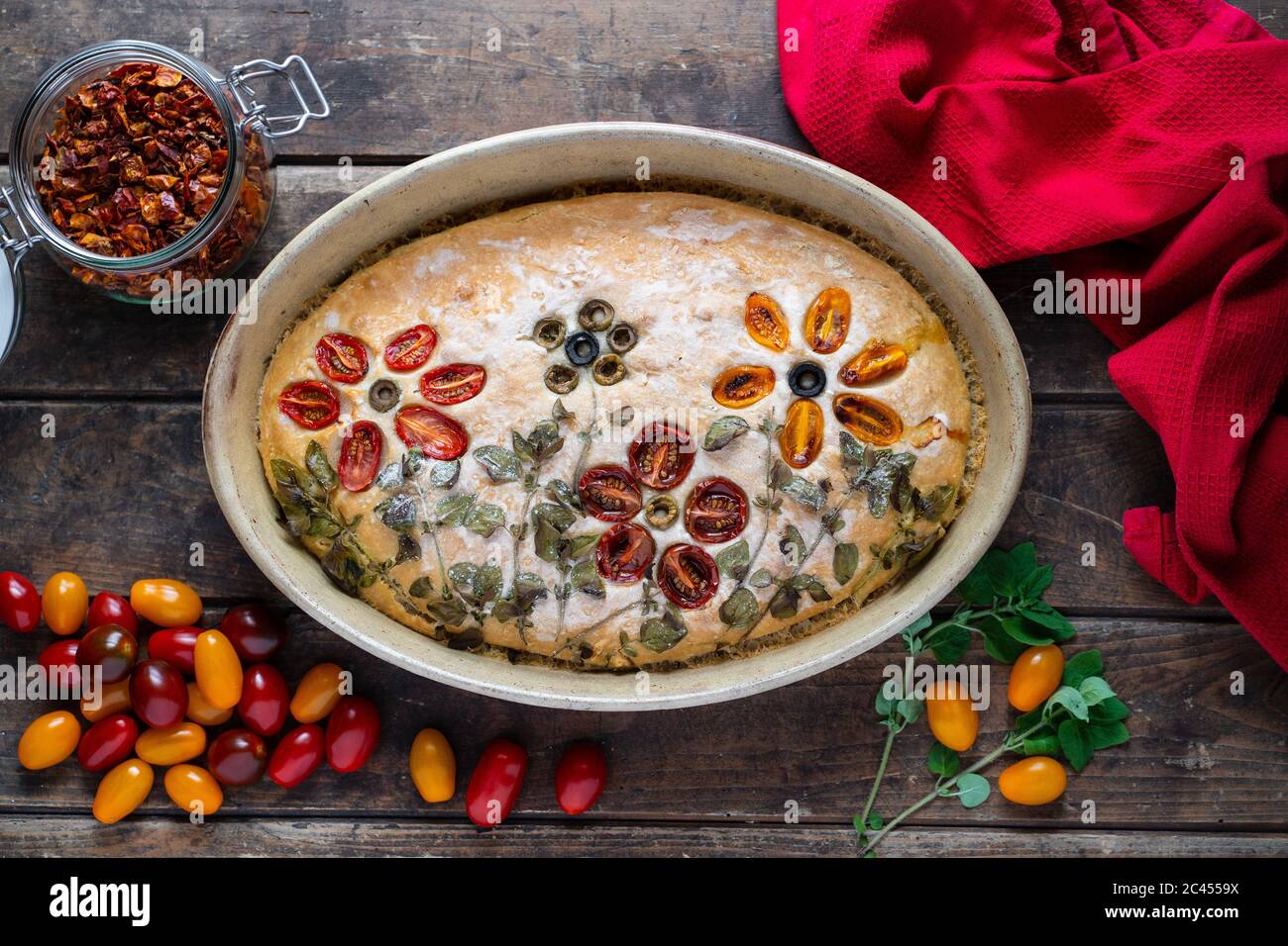 Homemade, beautiful and delicious, italian focaccia in round baking ...