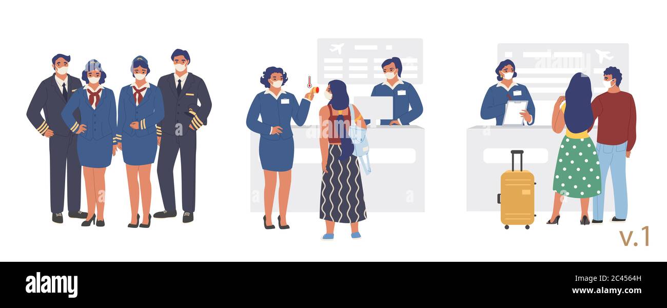 New antiviral flight rules at airport check-in, vector flat ...