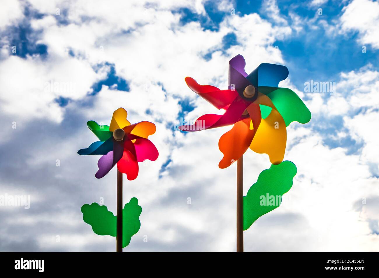 A colored Catherine wheel wind (pinwheel) with wooden stick. Shot from ...