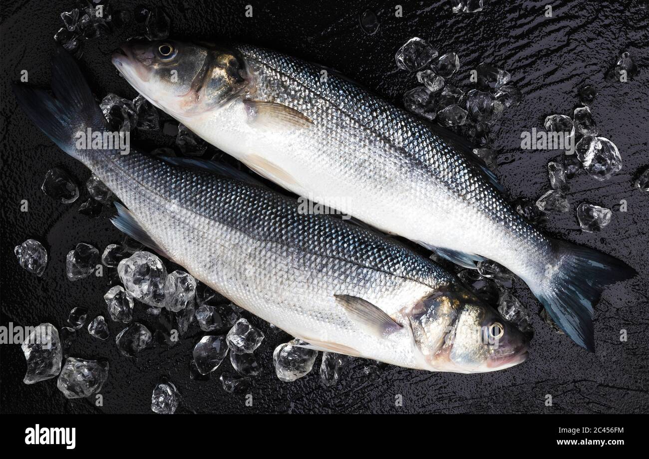 Seabass fish on ice on black stone background, top view Stock Photo - Alamy