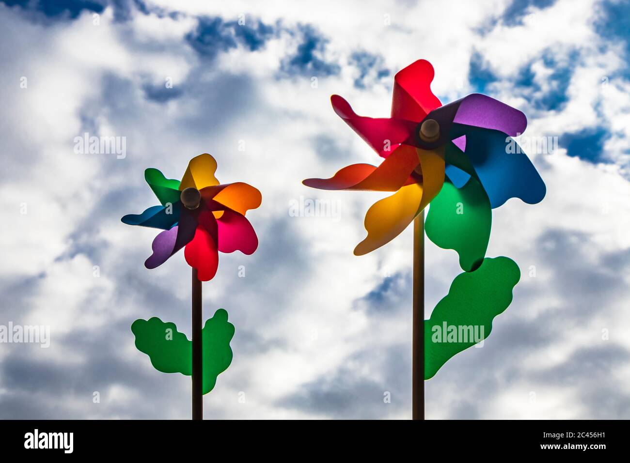 A colored Catherine wheel wind (pinwheel) with wooden stick. Shot from ...