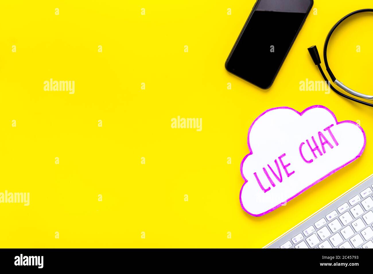 Live chat conversation message concept. Office desktop top view Stock ...