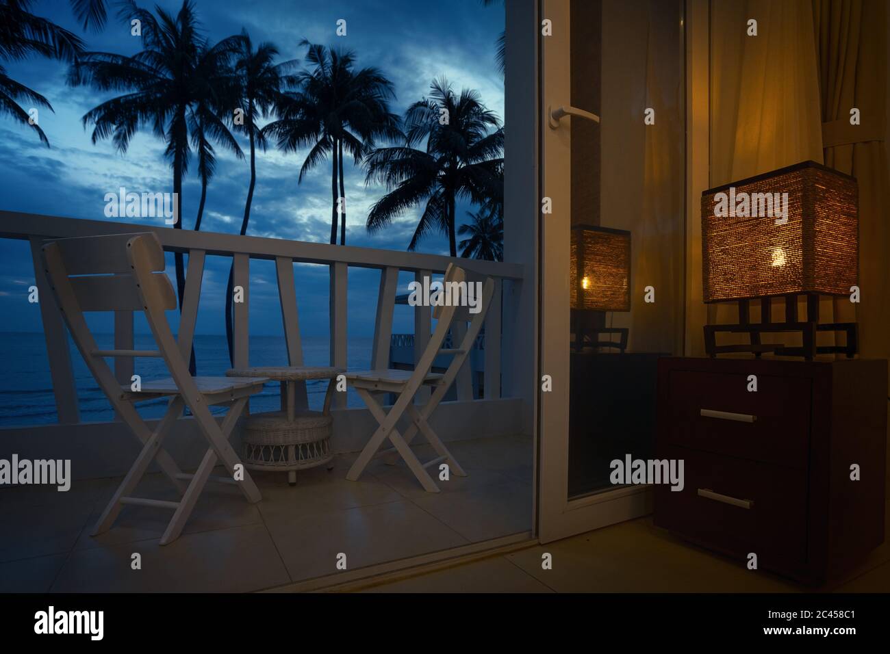 Balcony with night ocean view - vacation concept background Stock Photo ...