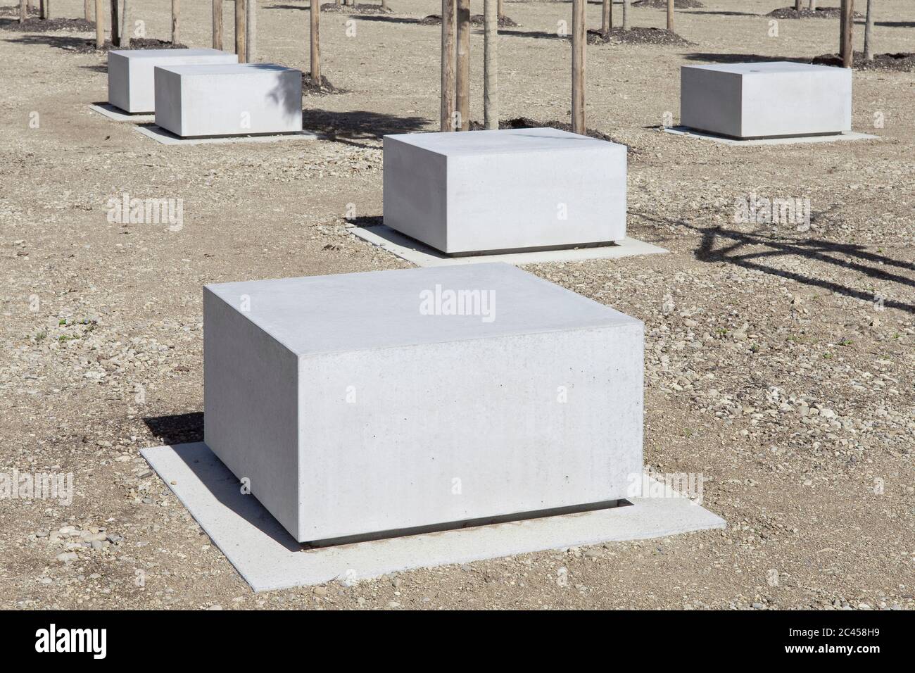 Park area with concrete blocks in Freiham, Munich, Bavaria, Germany ...
