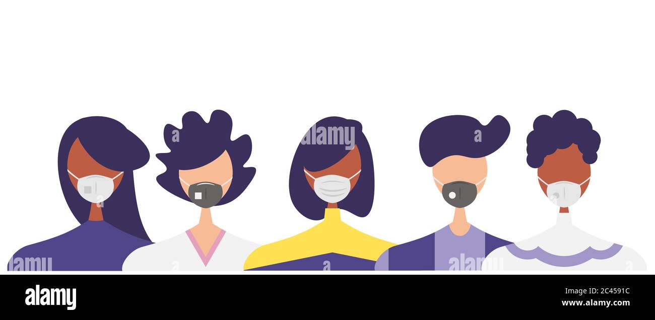 Humans with protective masks flat vector illustrations set. Group of ...