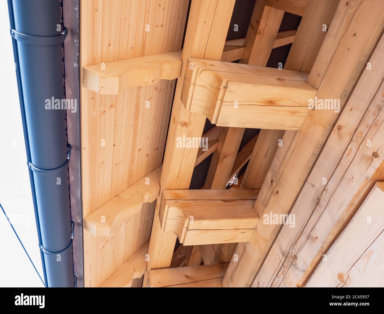 Wooden spruce beams, trusses of wooden house. Natural smell wood, good ...