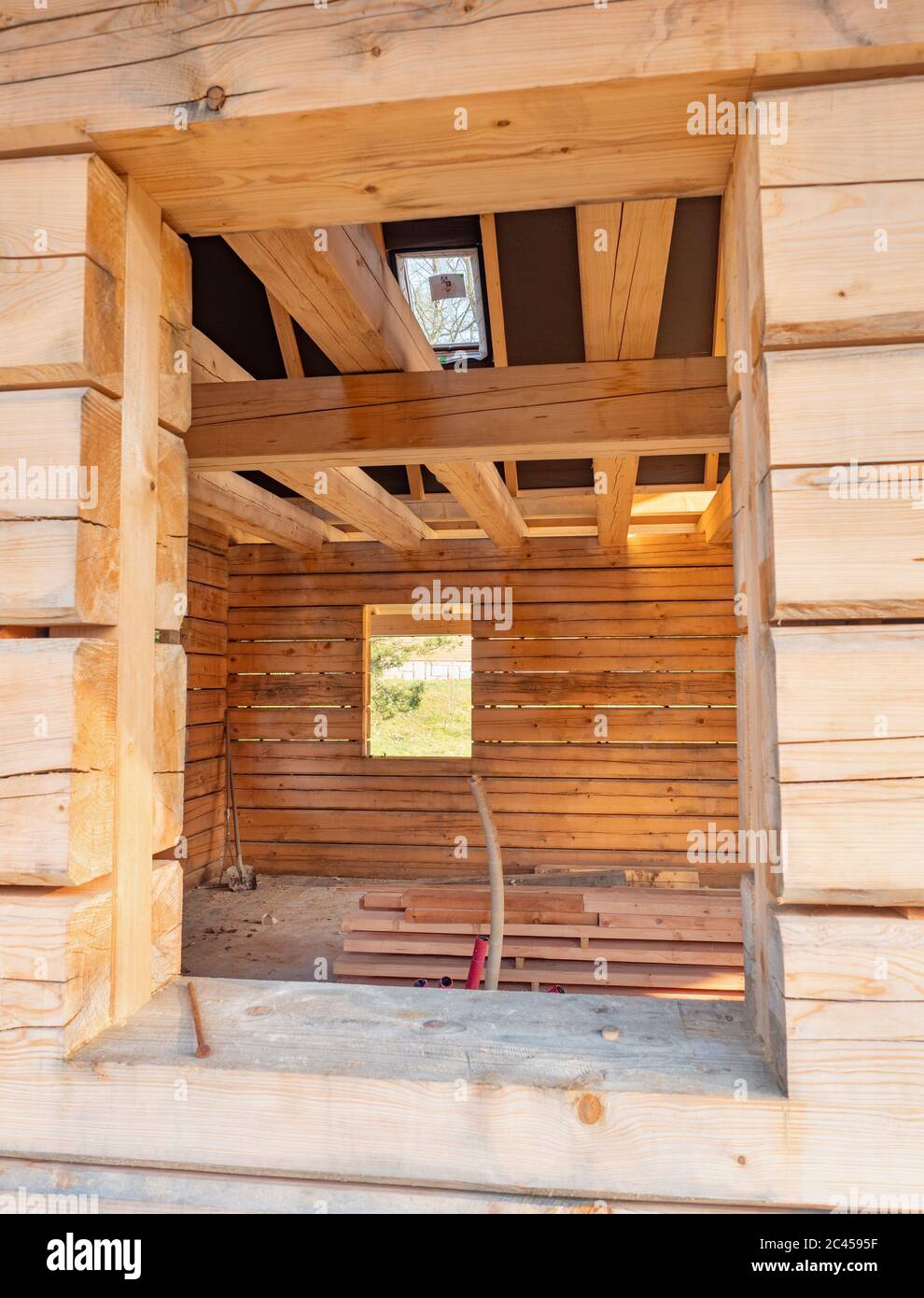 Wall of log house or building of houme from nice smell wooden spruce ...