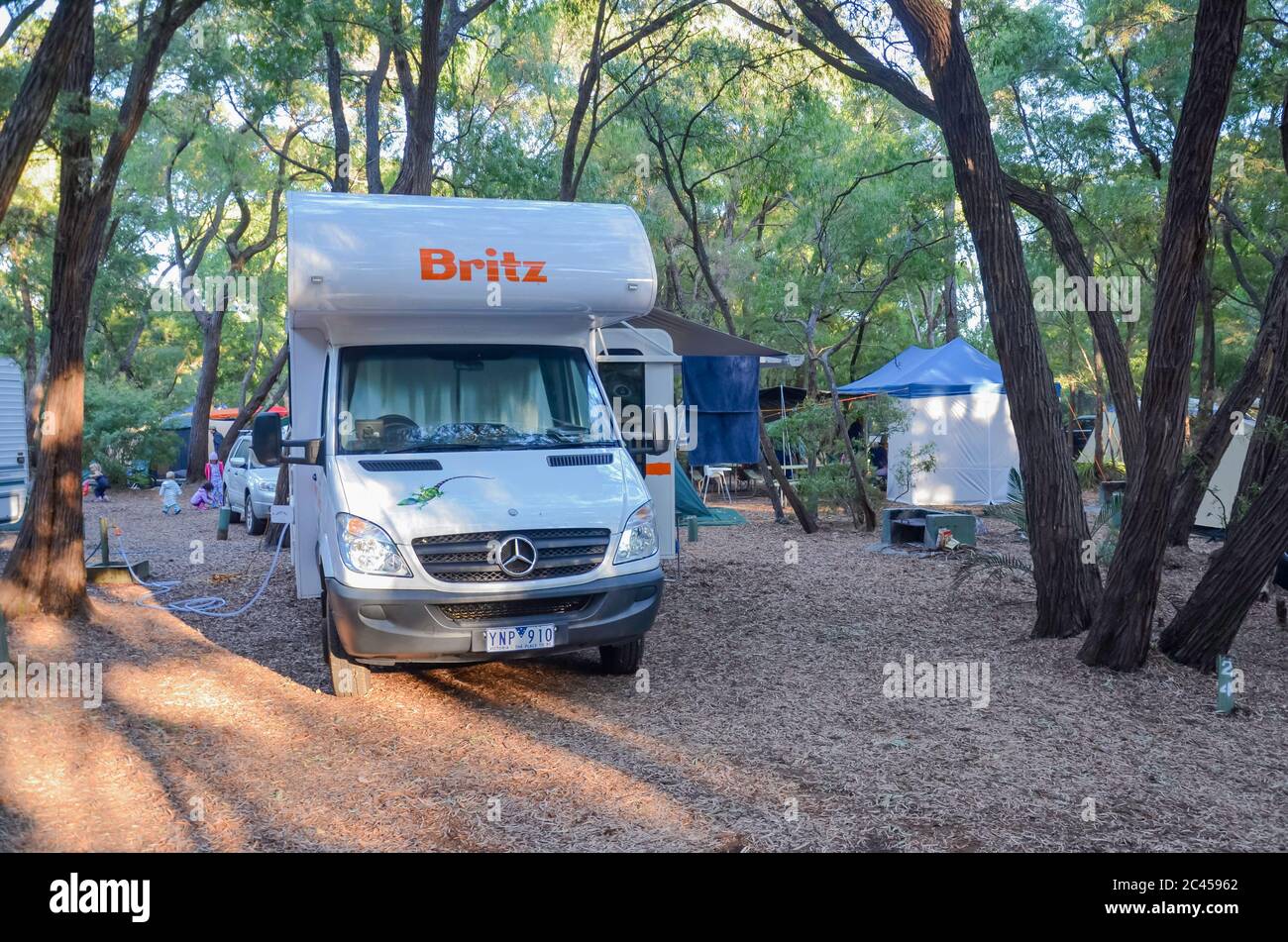 A motorhome and tents in between trees in a rural camping ground ...