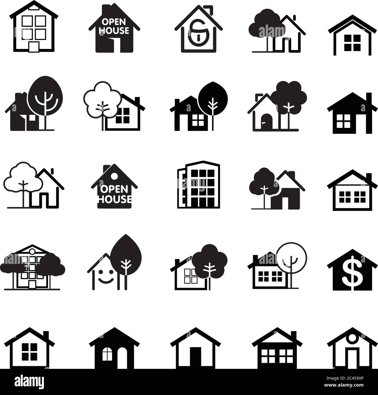 Set of house icons. Buildings line icons with tree. Vector Illustration ...