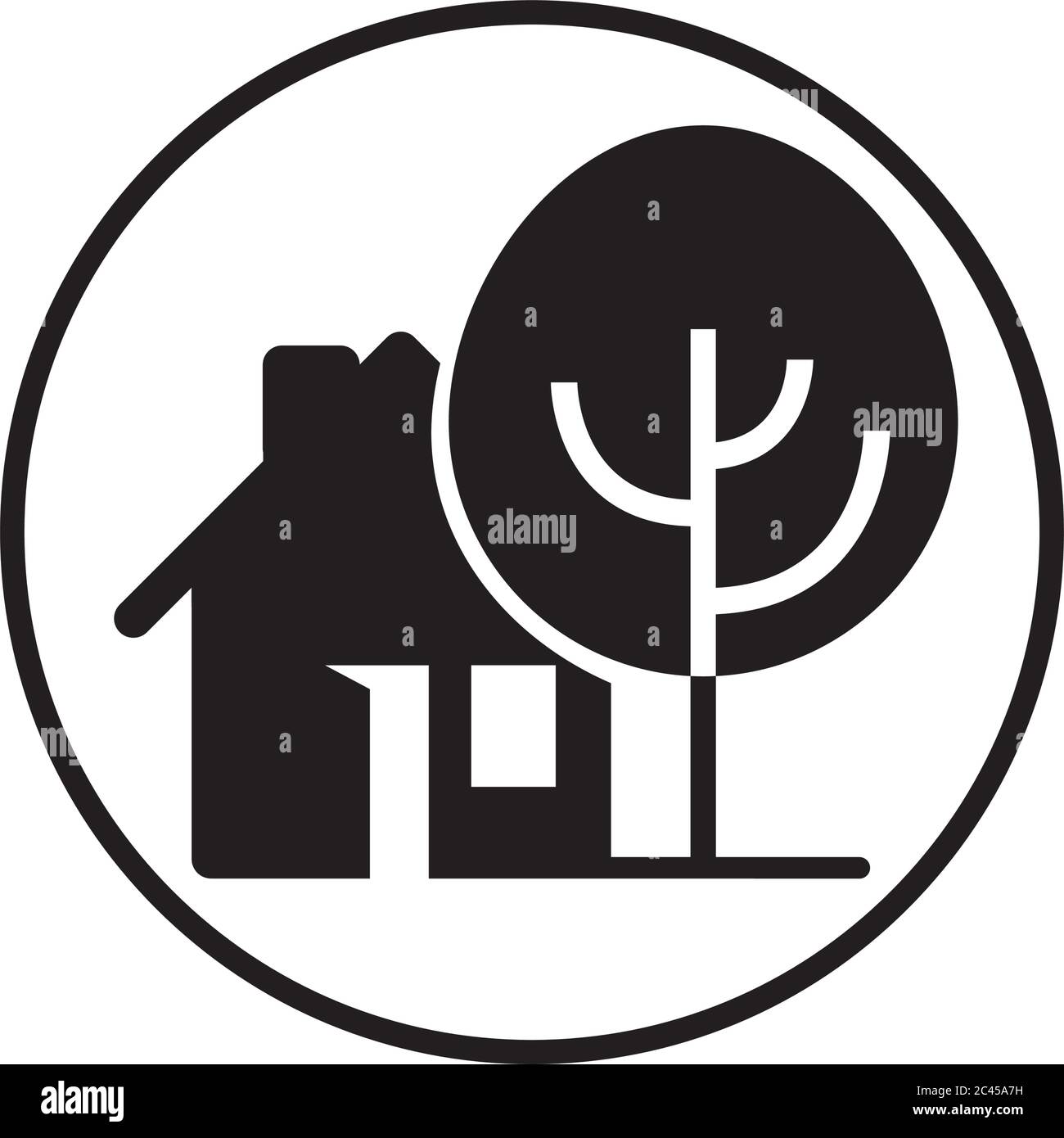 Black house icons. Building line icon with tree. Vector Illustration ...
